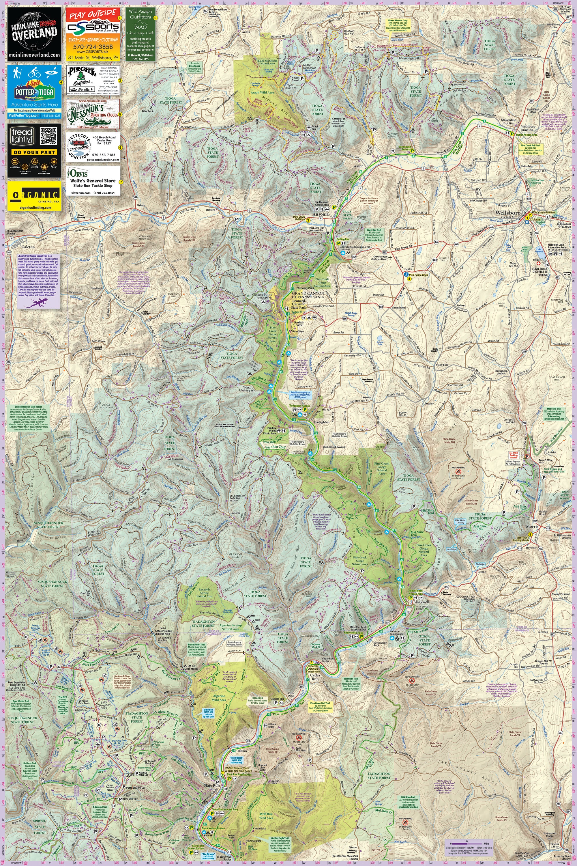 Pine Creek Lizard Map - Grand Canyon of Pennsylvania Trail Map - Purple ...